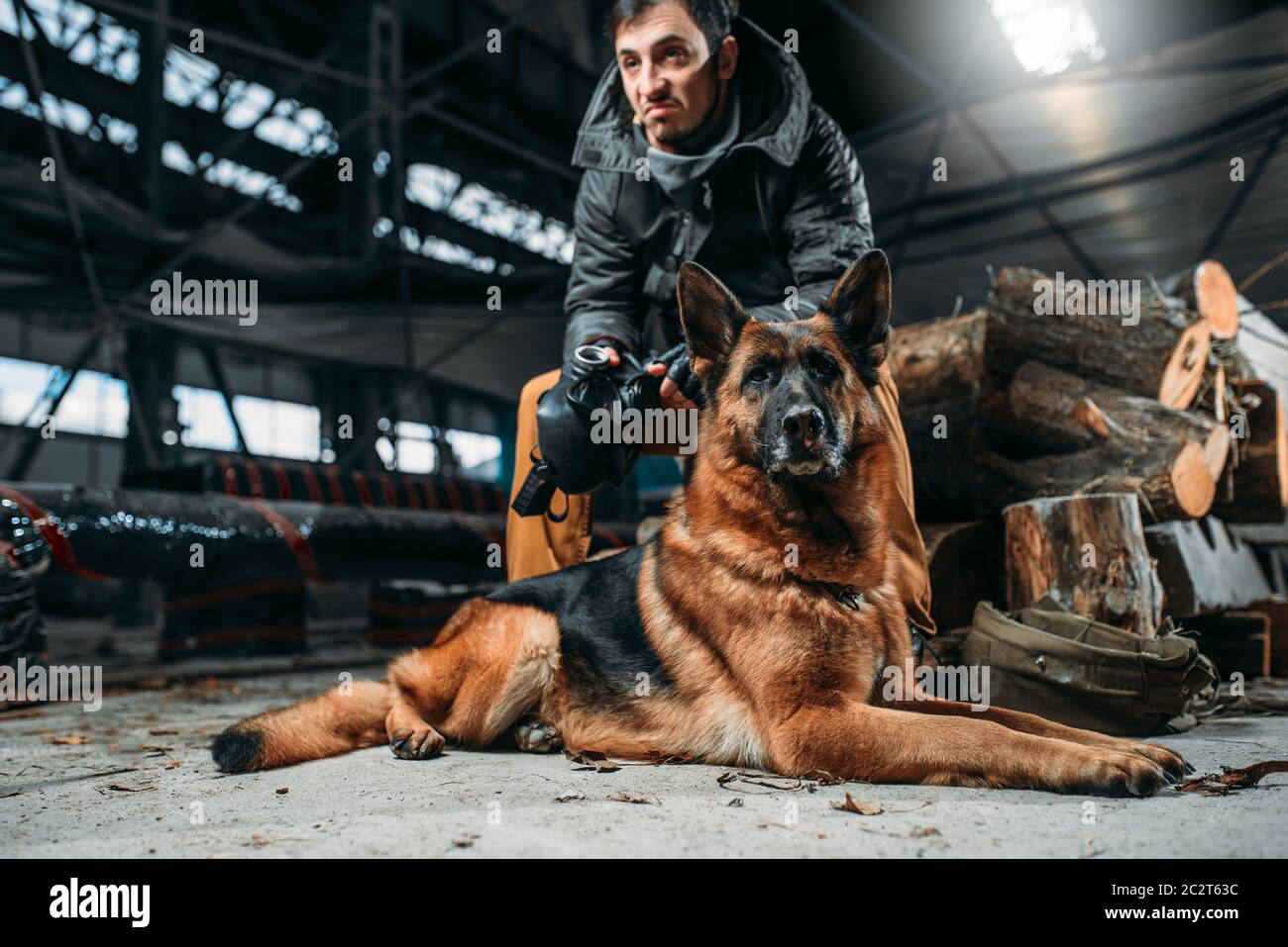 Stalker and dog, friends in post apocalyptic world. Post-apocalypse ...