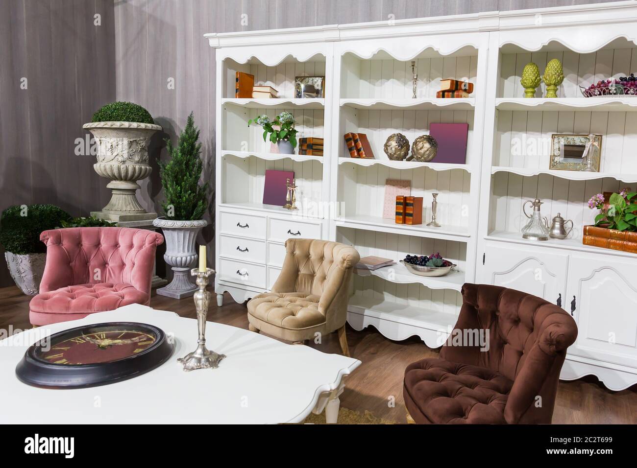 Side view of a modern living room with wooden furniture Stock Photo - Alamy