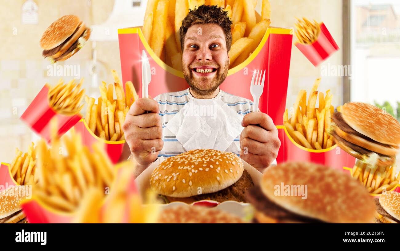 Fast food concept, man and burgers with fries. Crazy male person with ...