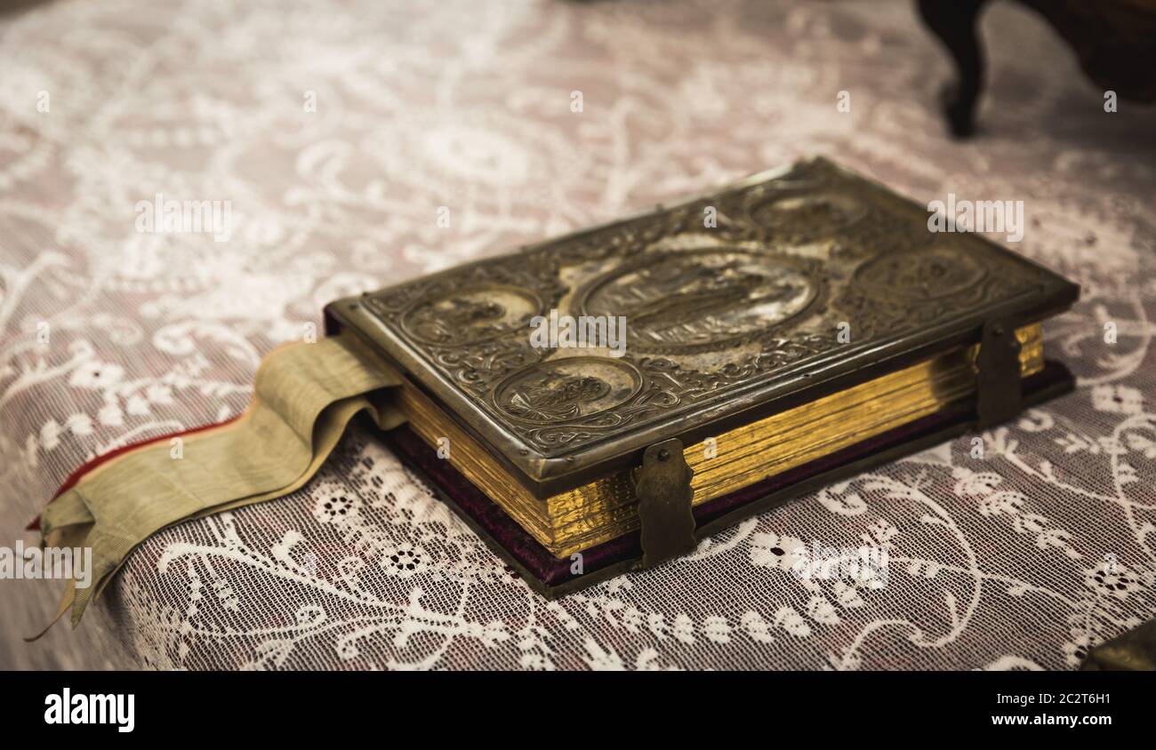 Ancient book with metal clasp in museum, Europe, nobody. Old european ...