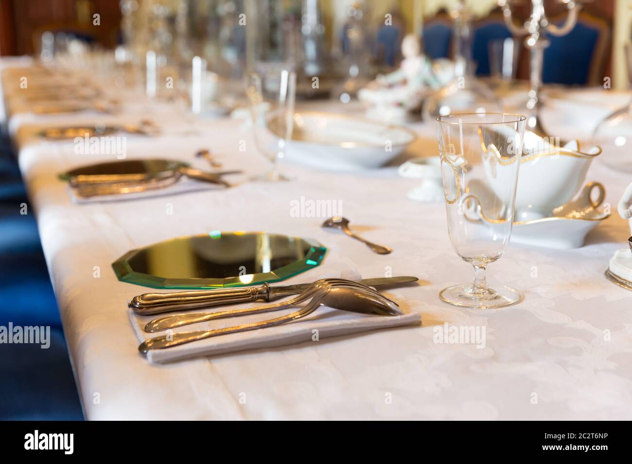 Dining table with dishes, Europe museum, nobody. Old european ...