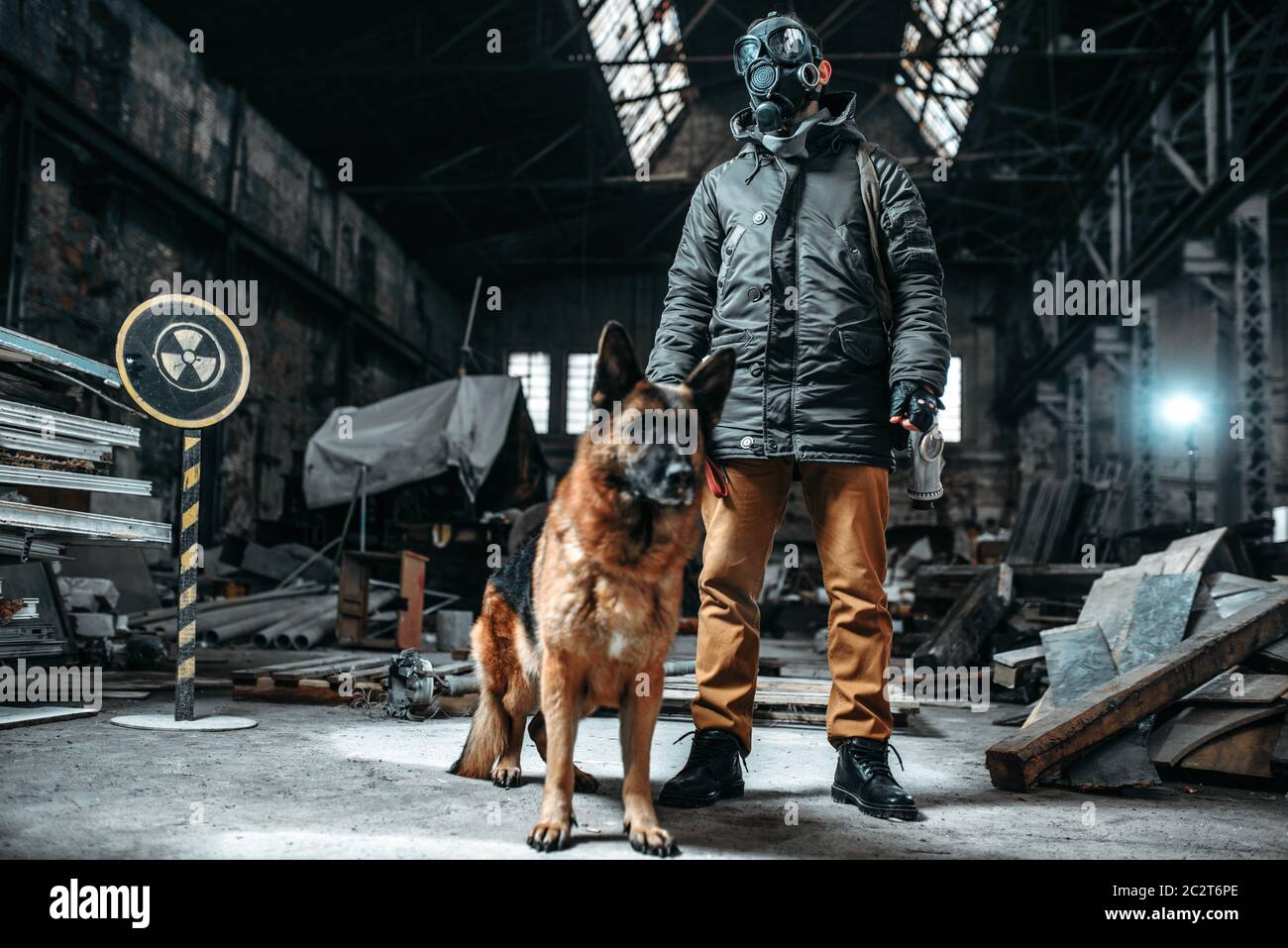 Stalker soldier in gas mask and dog in radioactive zone, friends in ...