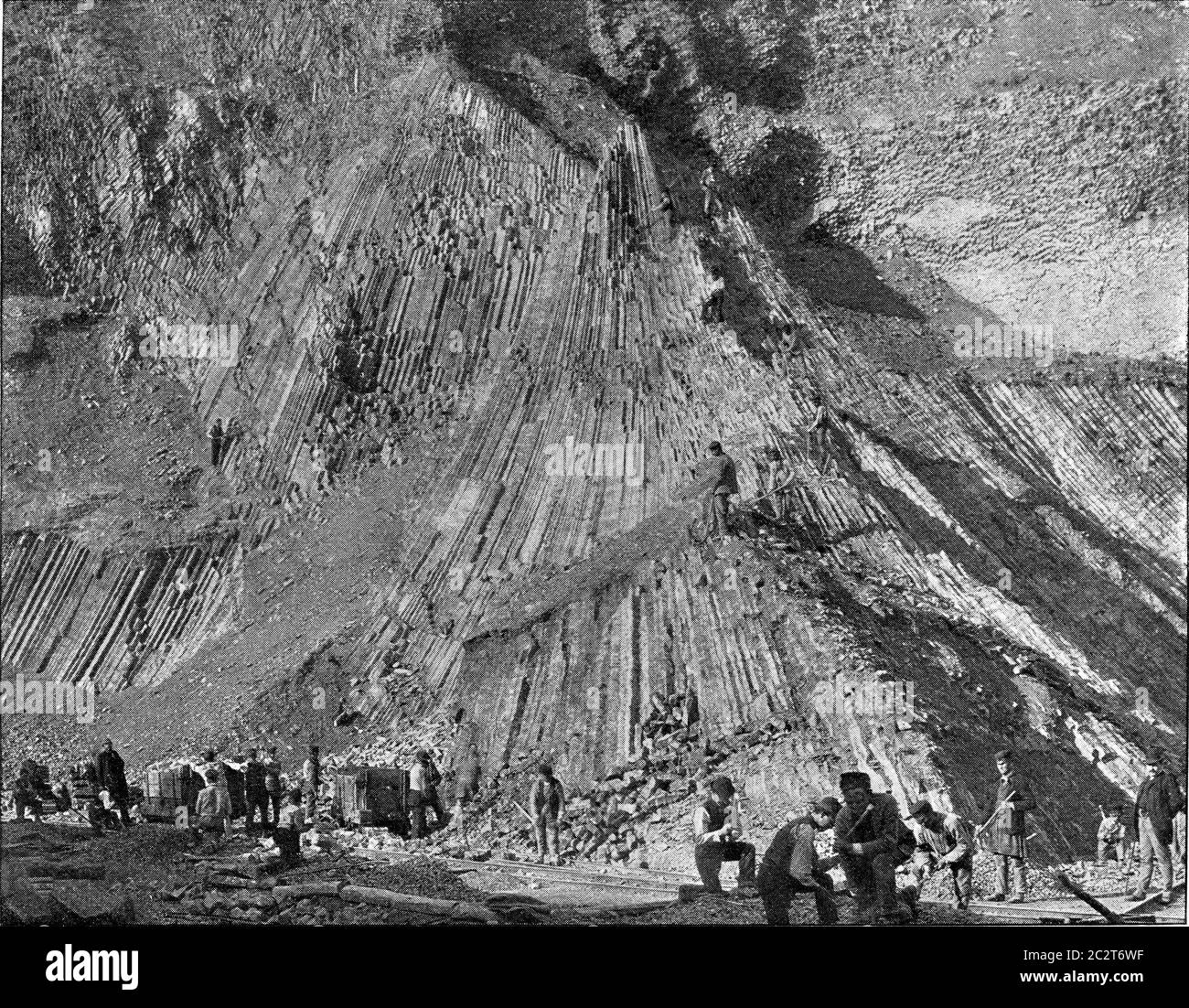Basalt extraction on the banks of the Rhine, vintage engraved ...
