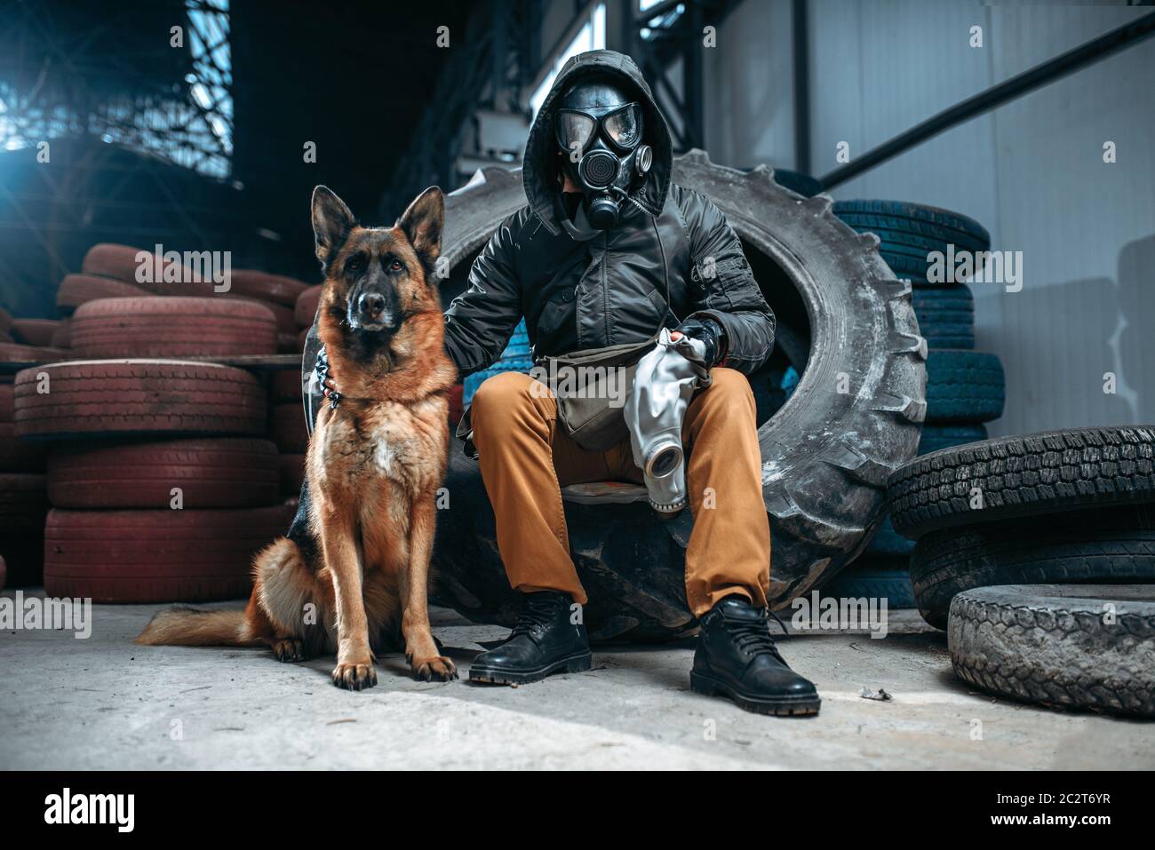 Stalker in gas mask and dog, friends in post apocalyptic world. Post ...