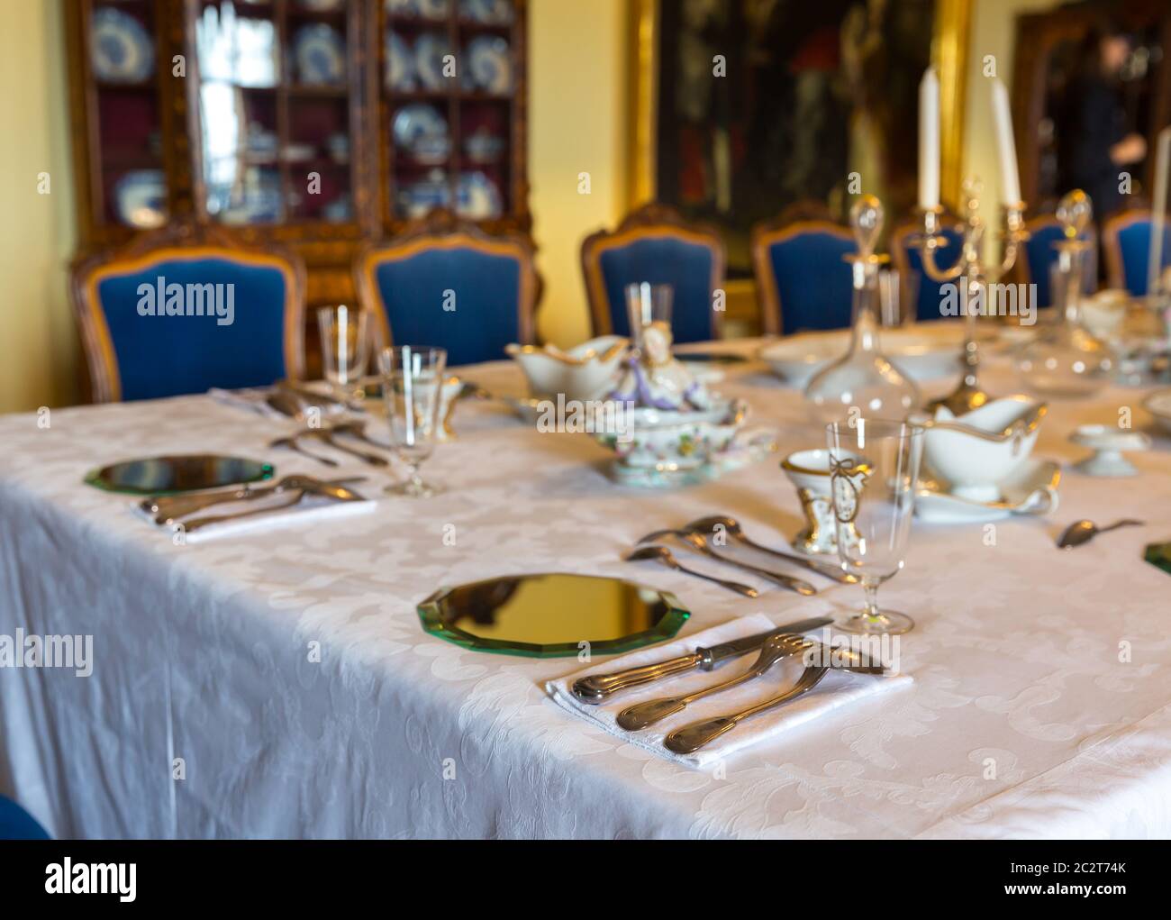 Dining table with dishes, Europe museum, nobody. Old european ...