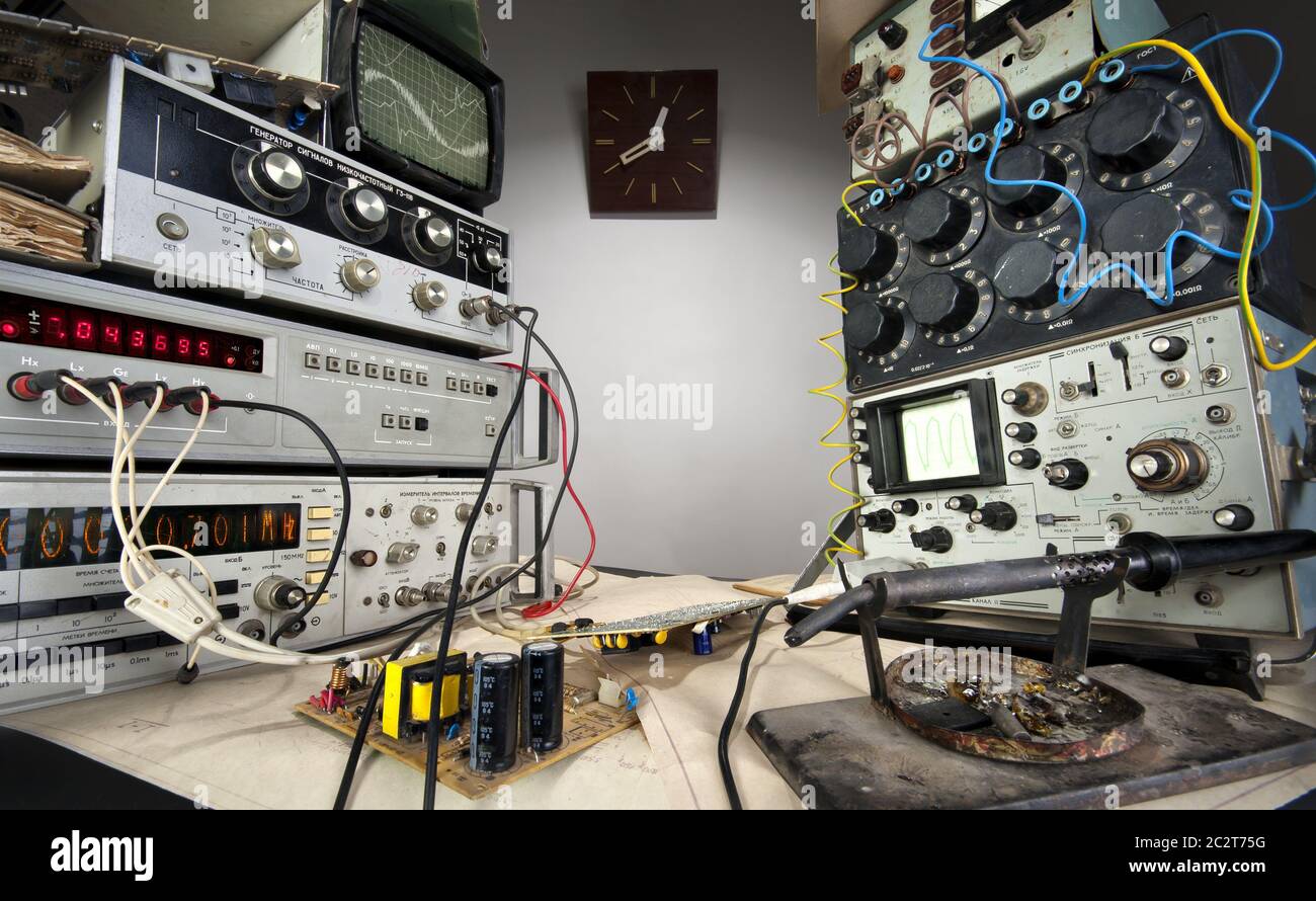 Interior of vintage technological laboratory. Wide angle Stock Photo ...