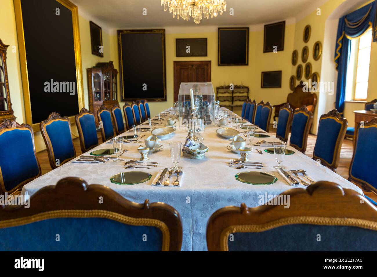 Luxury interior of dining room, Europe museum, nobody. Old european ...