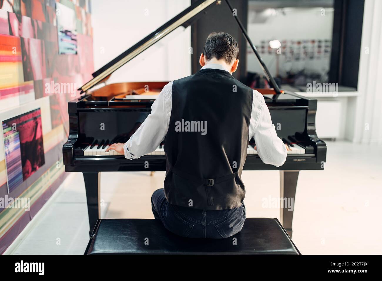 Male pianist playing composition on grand piano, back view. Musician ...