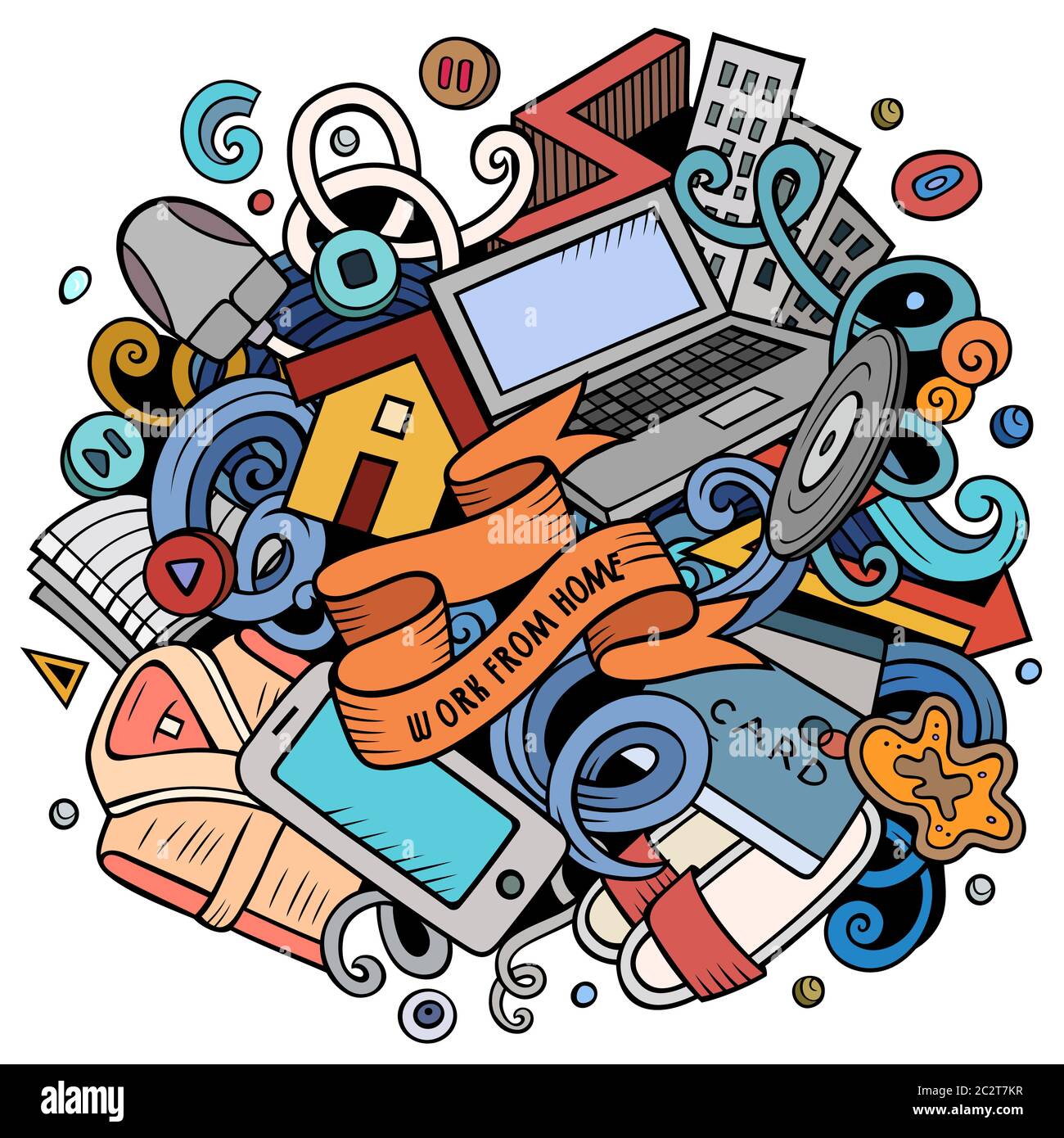 Cartoon vector doodles Work from Home illustration. Bright colors ...