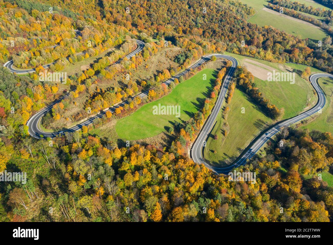 Drone view - Aerial view of autumn forest road. Top view of beautiful ...