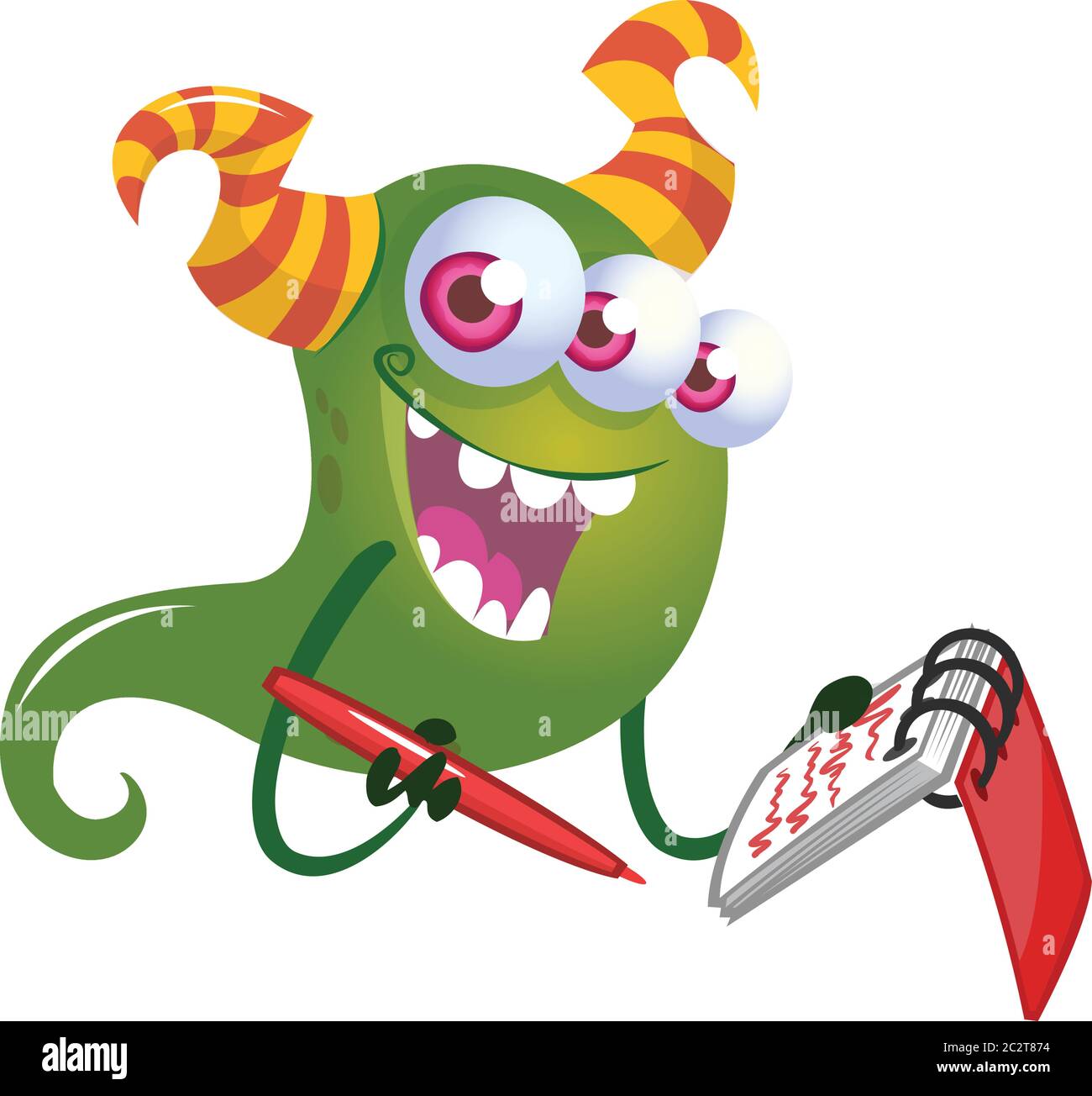 Cartoon happy monster writing with a pen in totepad Stock Vector Image ...