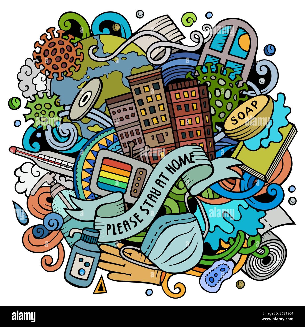 Cartoon vector doodles Please, Stay at Home illustration Stock Vector ...