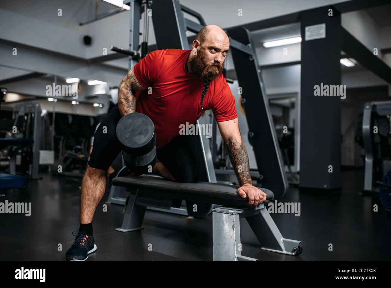 Strong athlete with dumbbell in action, workout in gym. Bearded sportsman on training in sport ...