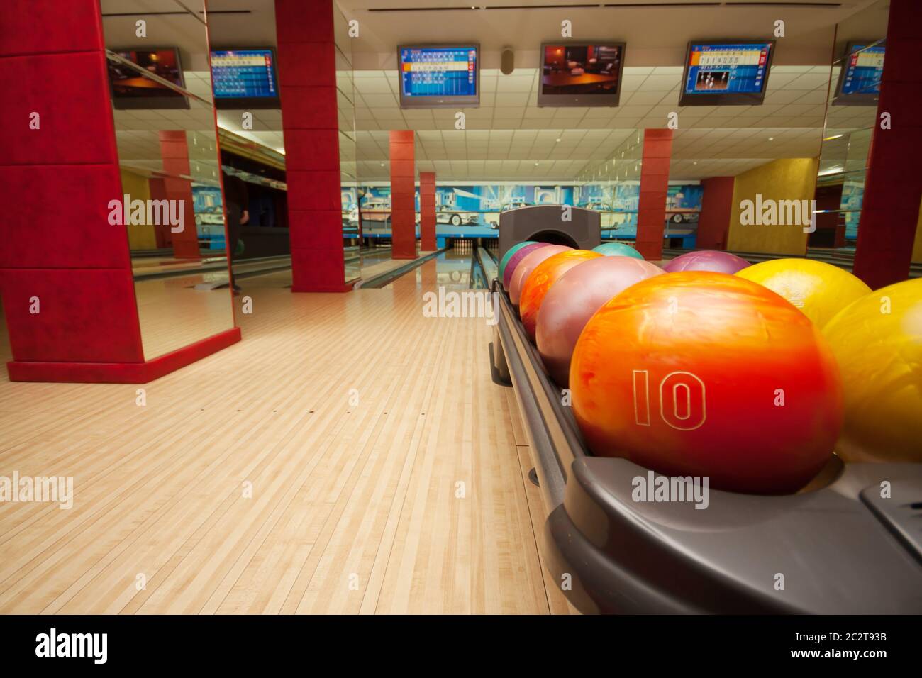 Interior of vintage bowling hall. Wide angle Stock Photo - Alamy