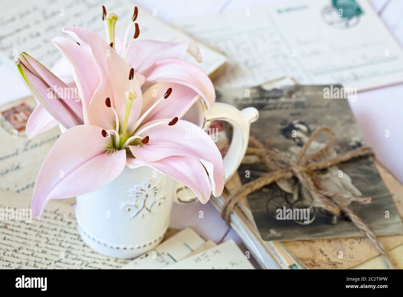 Still life with beautiful pink lily flowers and old photos and ...
