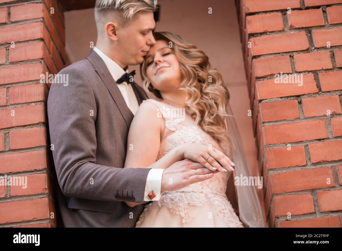 portrait of happy bride and groom standing together Stock Photo - Alamy