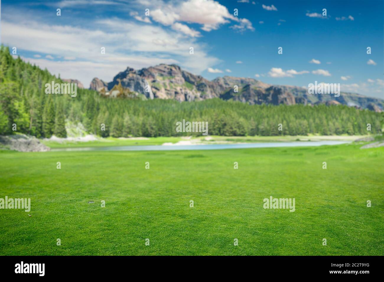 Summer wild amazing nature, green meadow,lake and mountains against ...