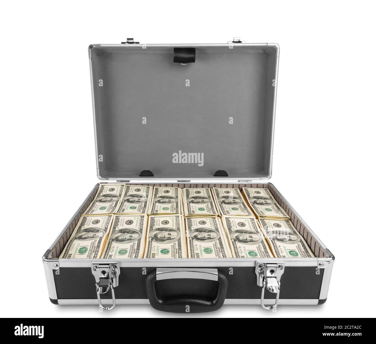 Open case full of dollar on white background Stock Photo - Alamy