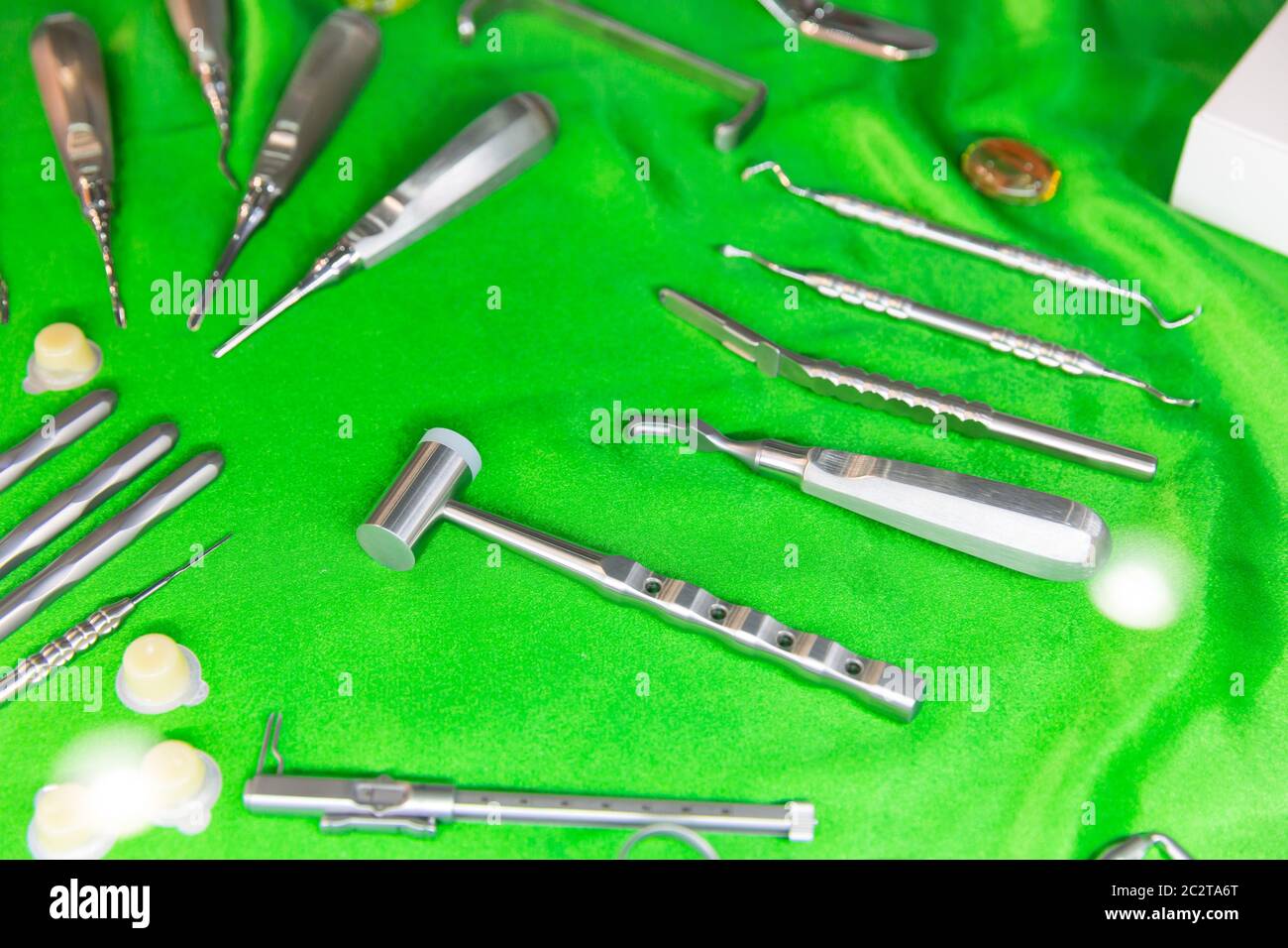 Medicine equipment, dental instrument and tools macro view. Dentist ...