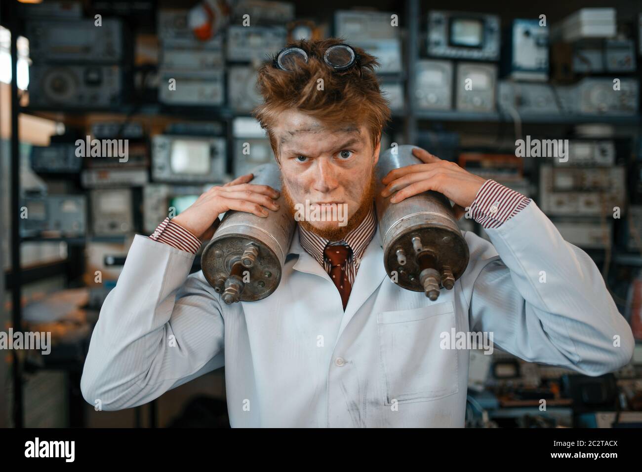 Strange scientist holds radiation devices in his hands, dangerous test ...