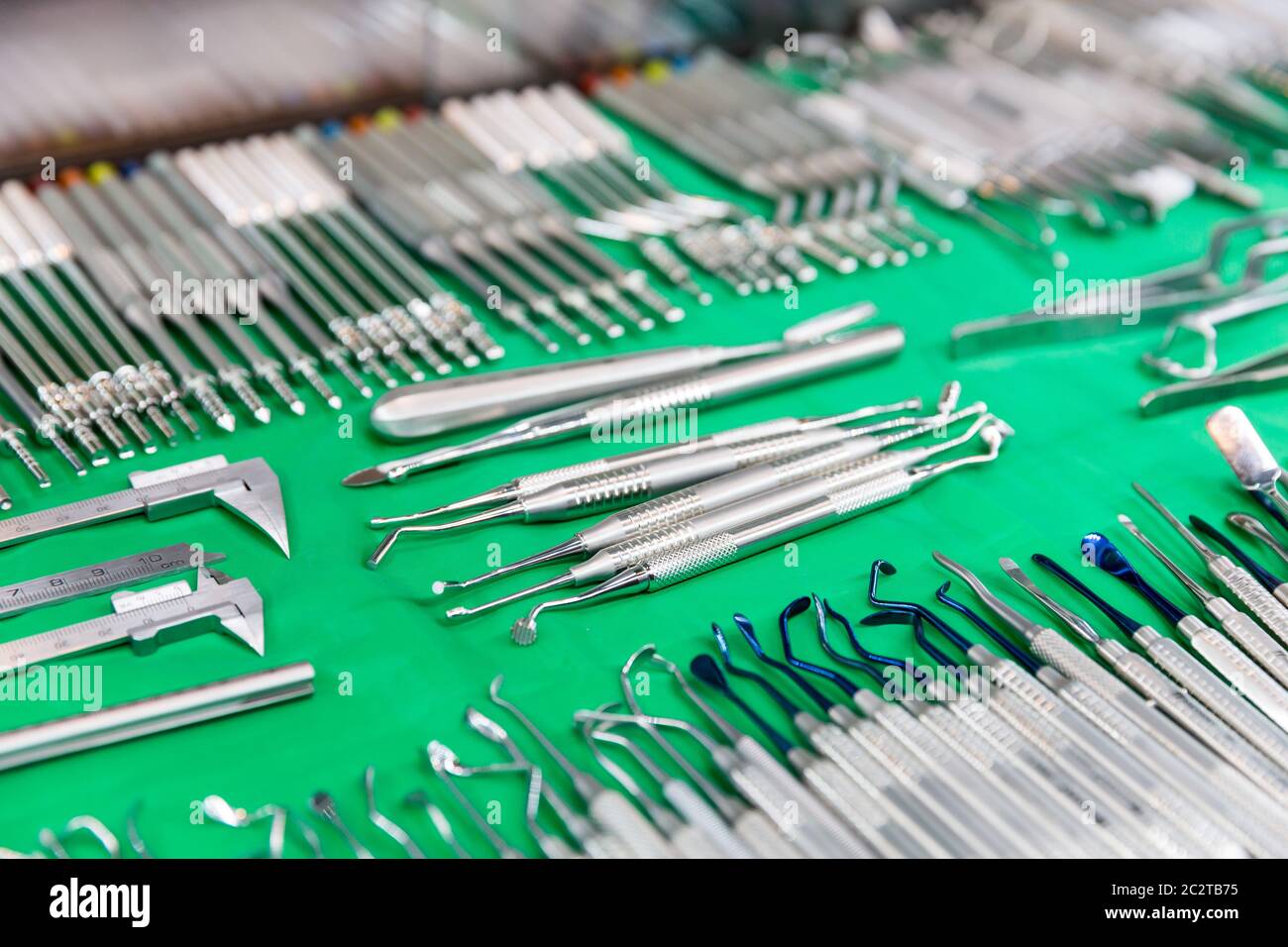 Medicine equipment, dental instrument and tools macro view. Dentist ...