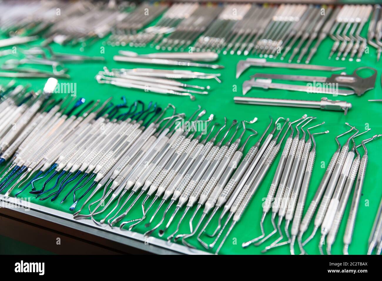 Medicine equipment, dental instrument and tools macro view. Dentist ...