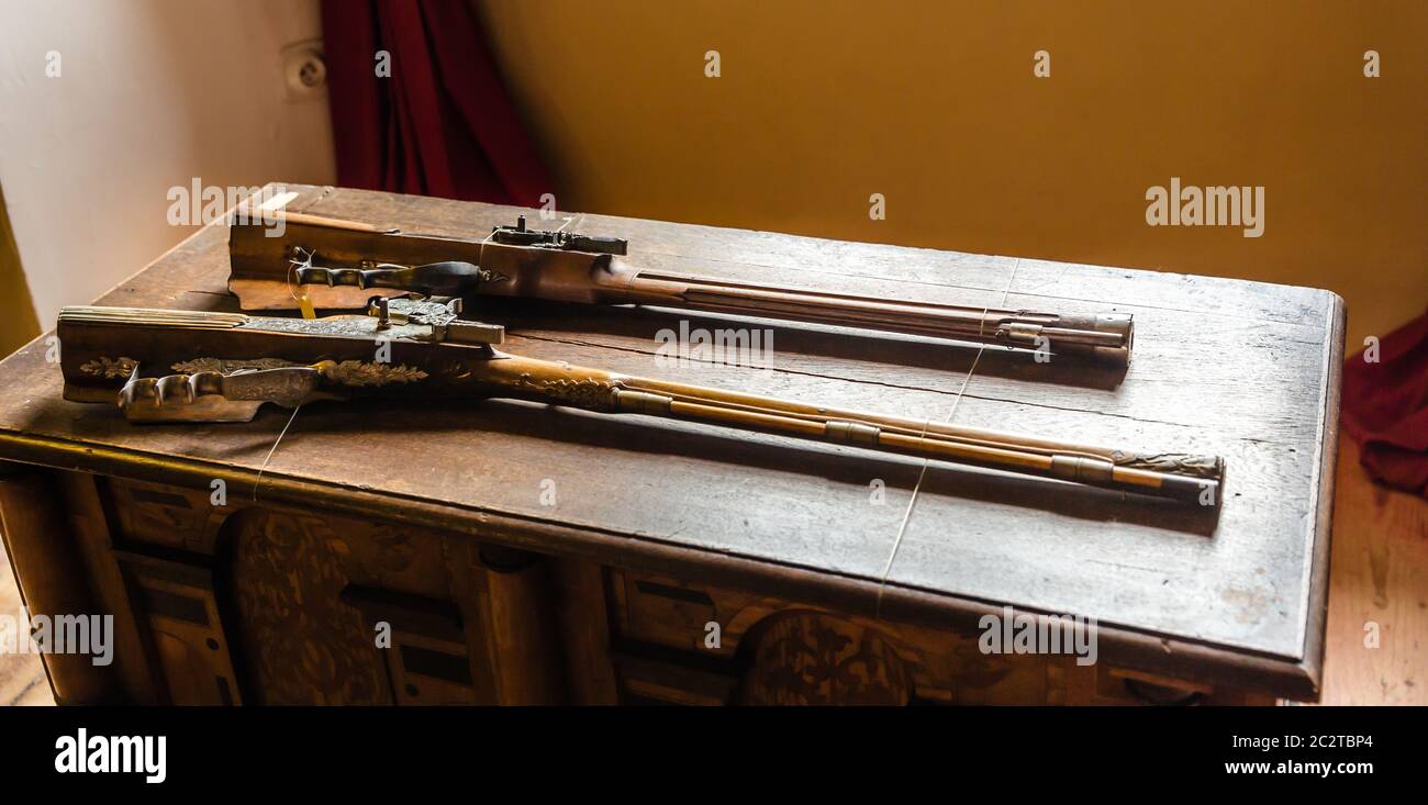 Museum with old guns, ancient armor storage, Europe. Medieval european ...