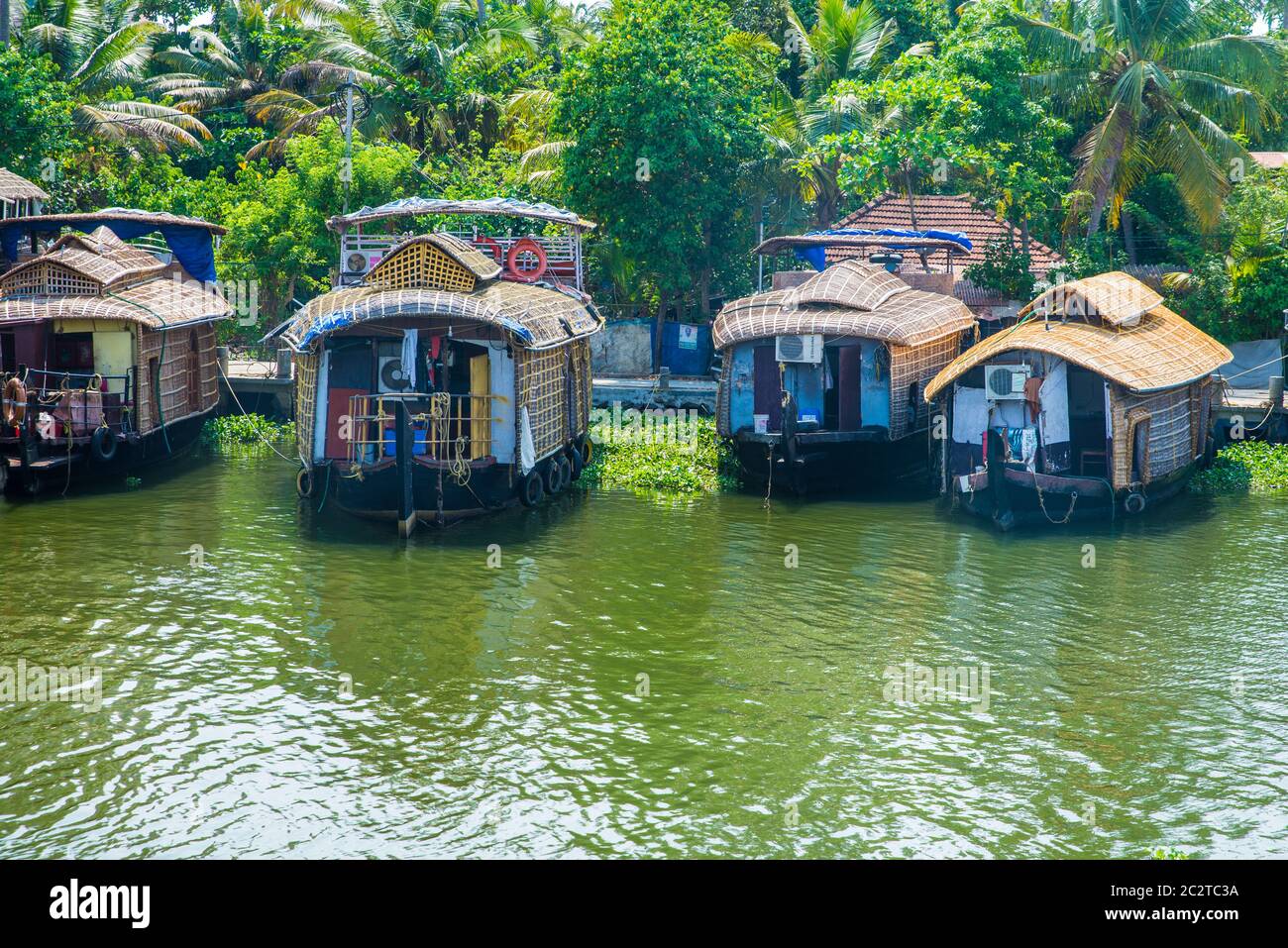 Small houses in a local village located next to Kerala's backwater on a ...