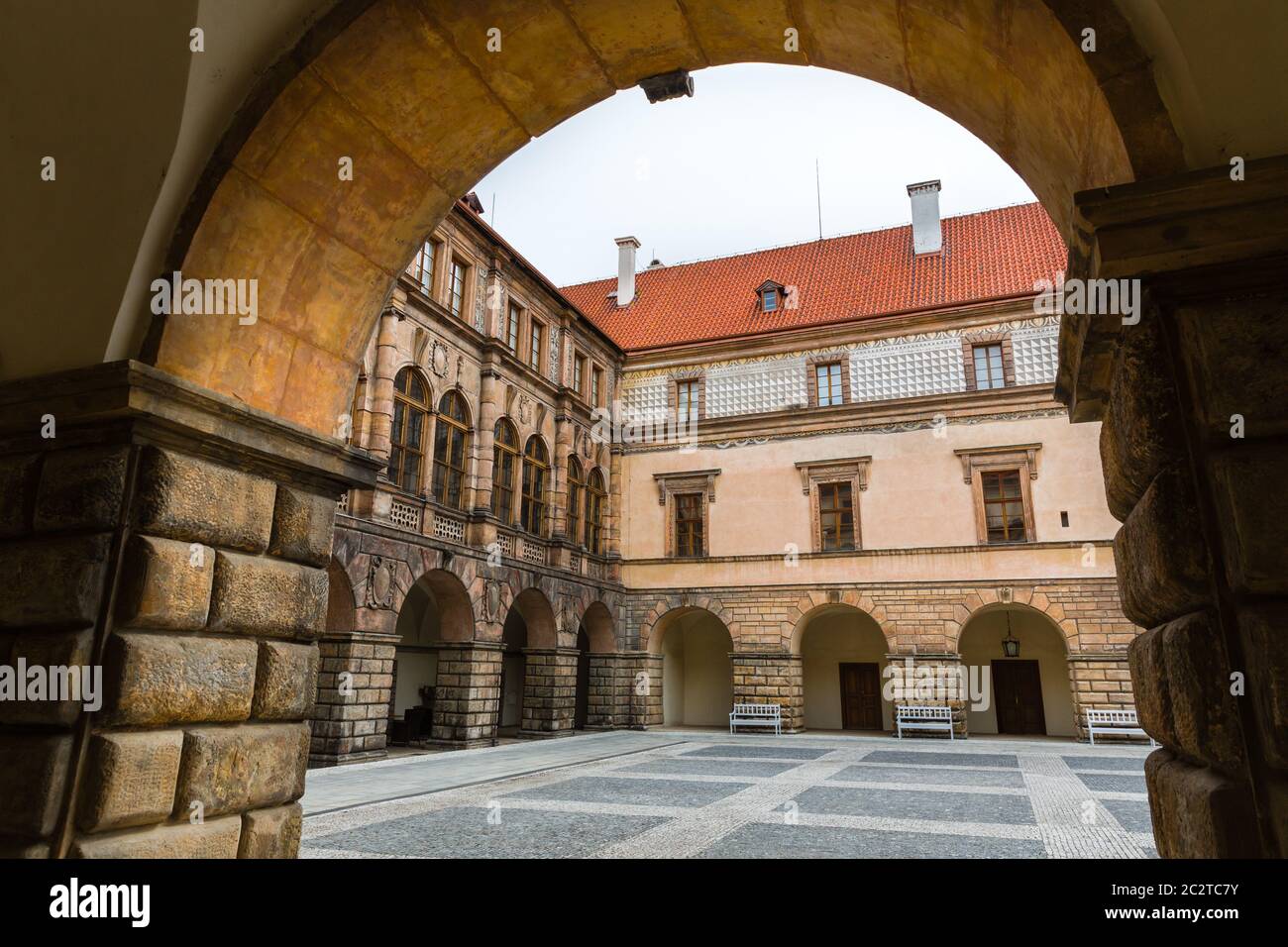 Ancient stone castle courtyard, nobody, Europe museum. Medieval ...
