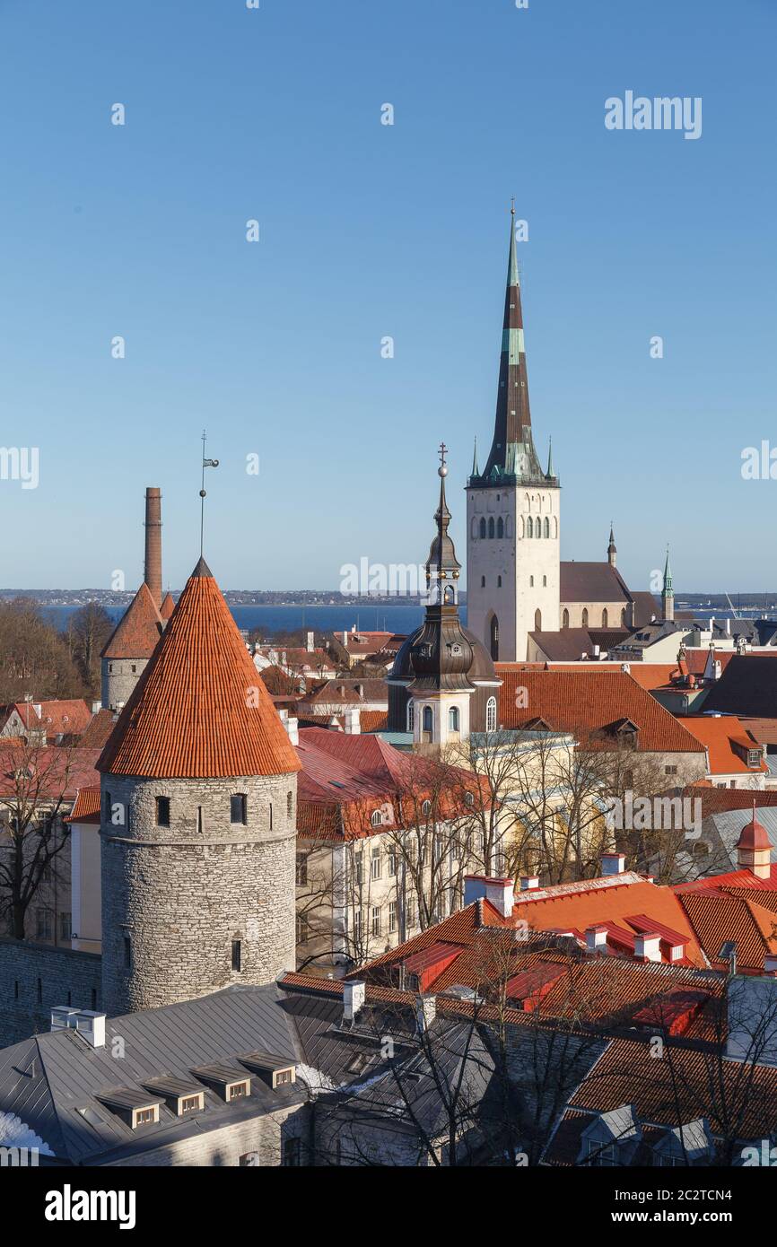 Bright colourful aerial view of old town of Tallinn, Estonia at sunny ...