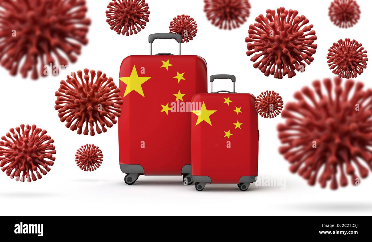 China flag travel suitcases with coronavirus. 3D Rendering Stock Photo ...