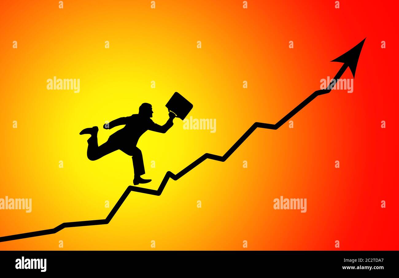 Silhouette of businessman running to graph peak Stock Photo - Alamy