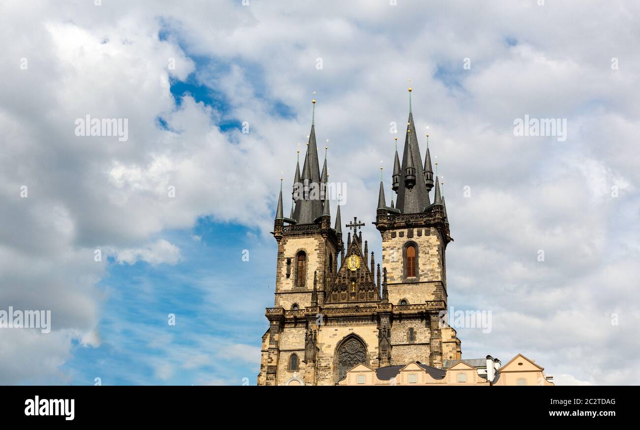 Ancient tower and cloudy sky on background, European building. Summer ...