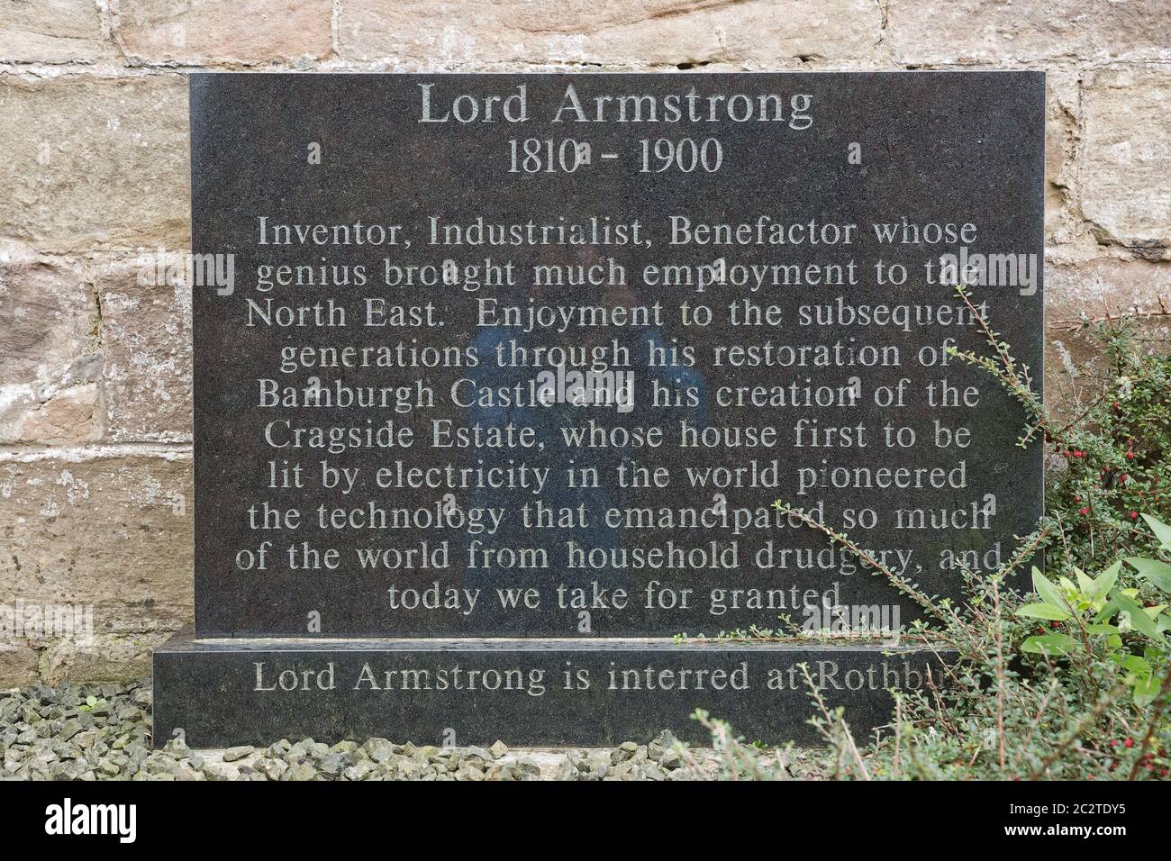 Stone in memory for Lord Armstrong the first baron of Bamburgh Castle ...