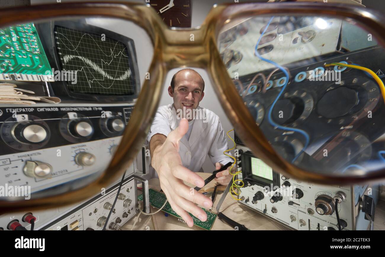 Smiling scientist going to handshake. View through nerd glasses Stock ...
