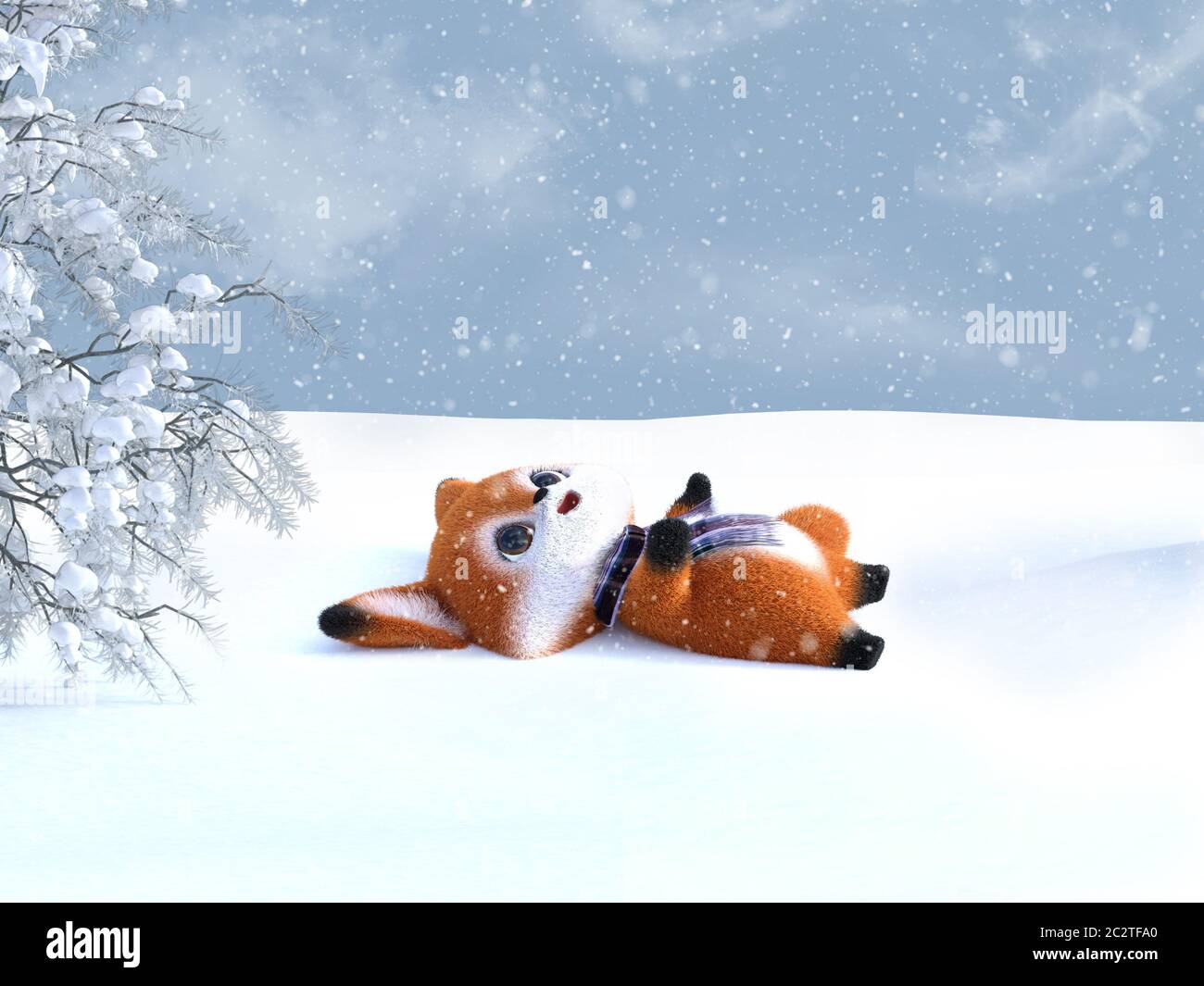 3D rendering of an adorable cute happy furry cartoon fox lying down on ...