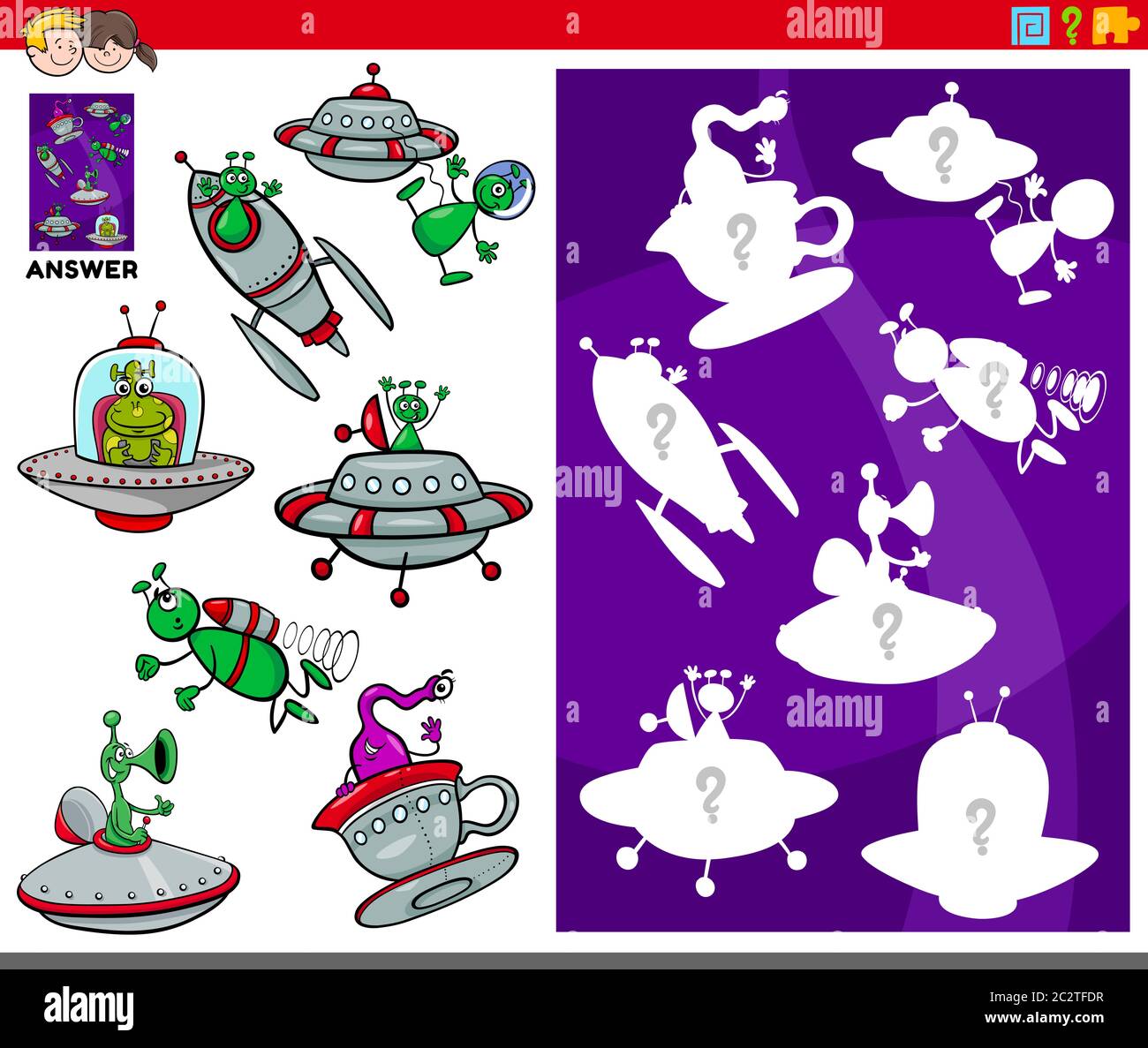 matching shapes game with cartoon alien characters Stock Photo - Alamy