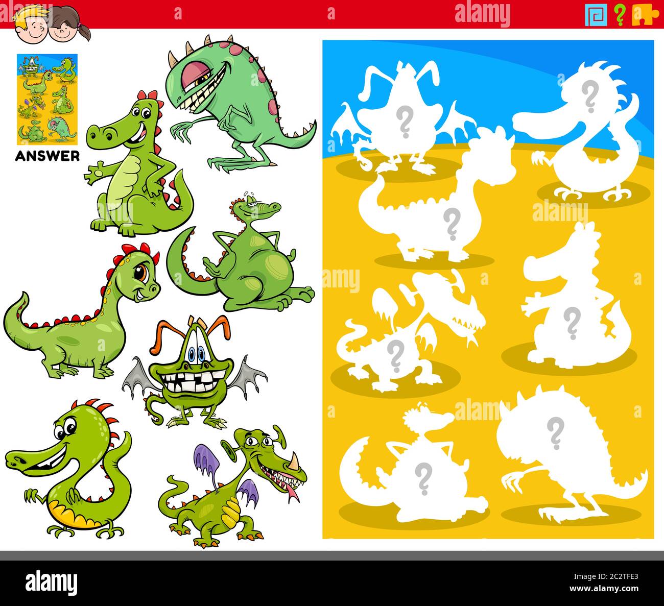 matching shapes game with cartoon dragon characters Stock Photo - Alamy