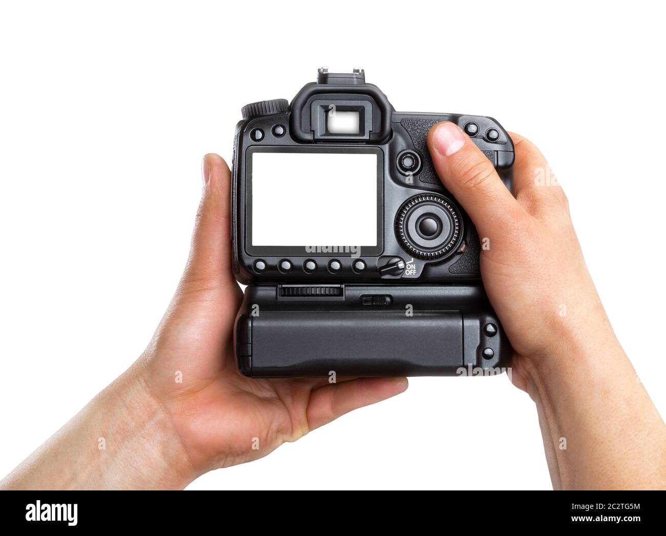 Hands holding digital camera isolated on white Stock Photo - Alamy