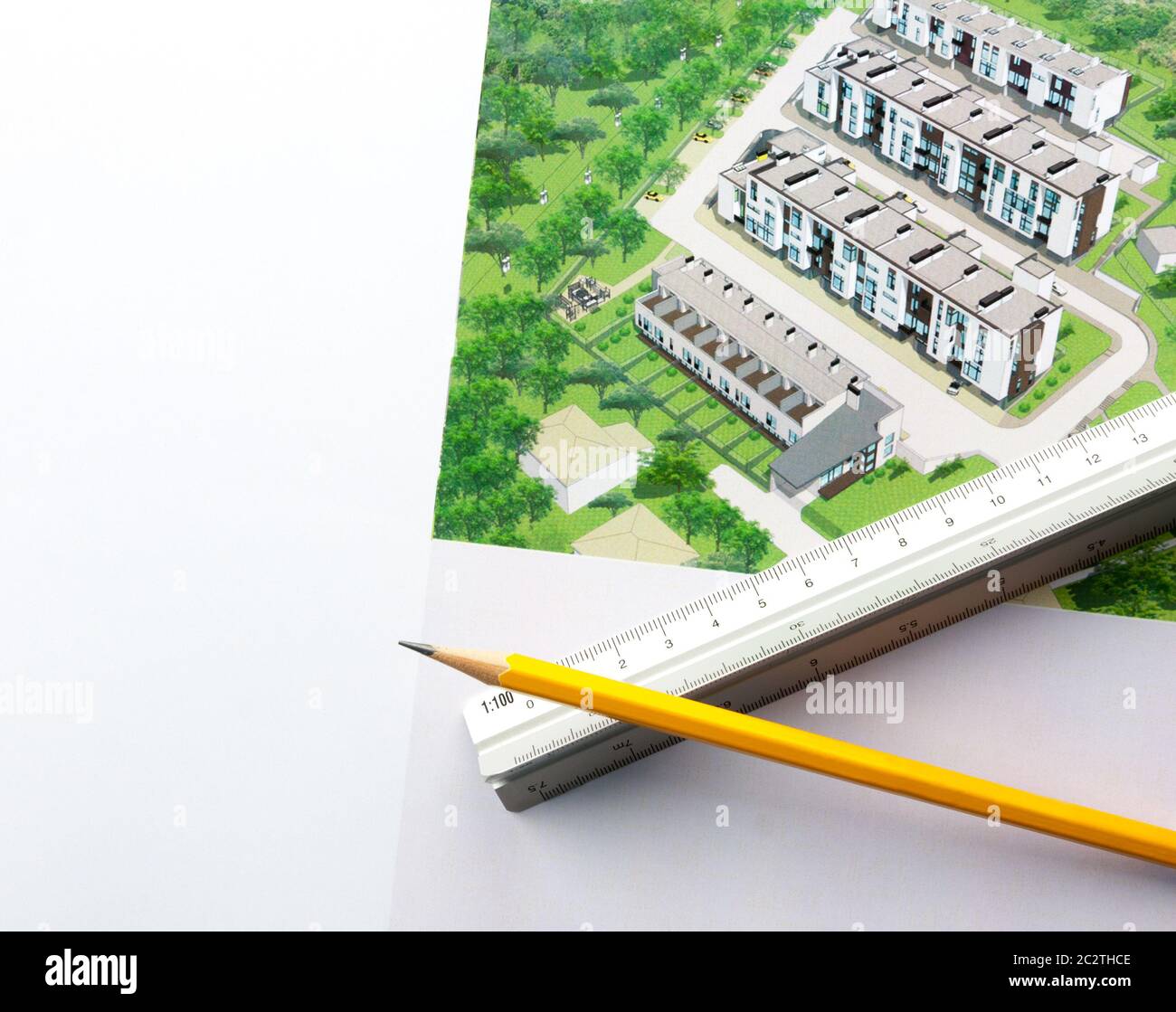 Pencil and ruler on architectural design of townhouses Stock Photo - Alamy