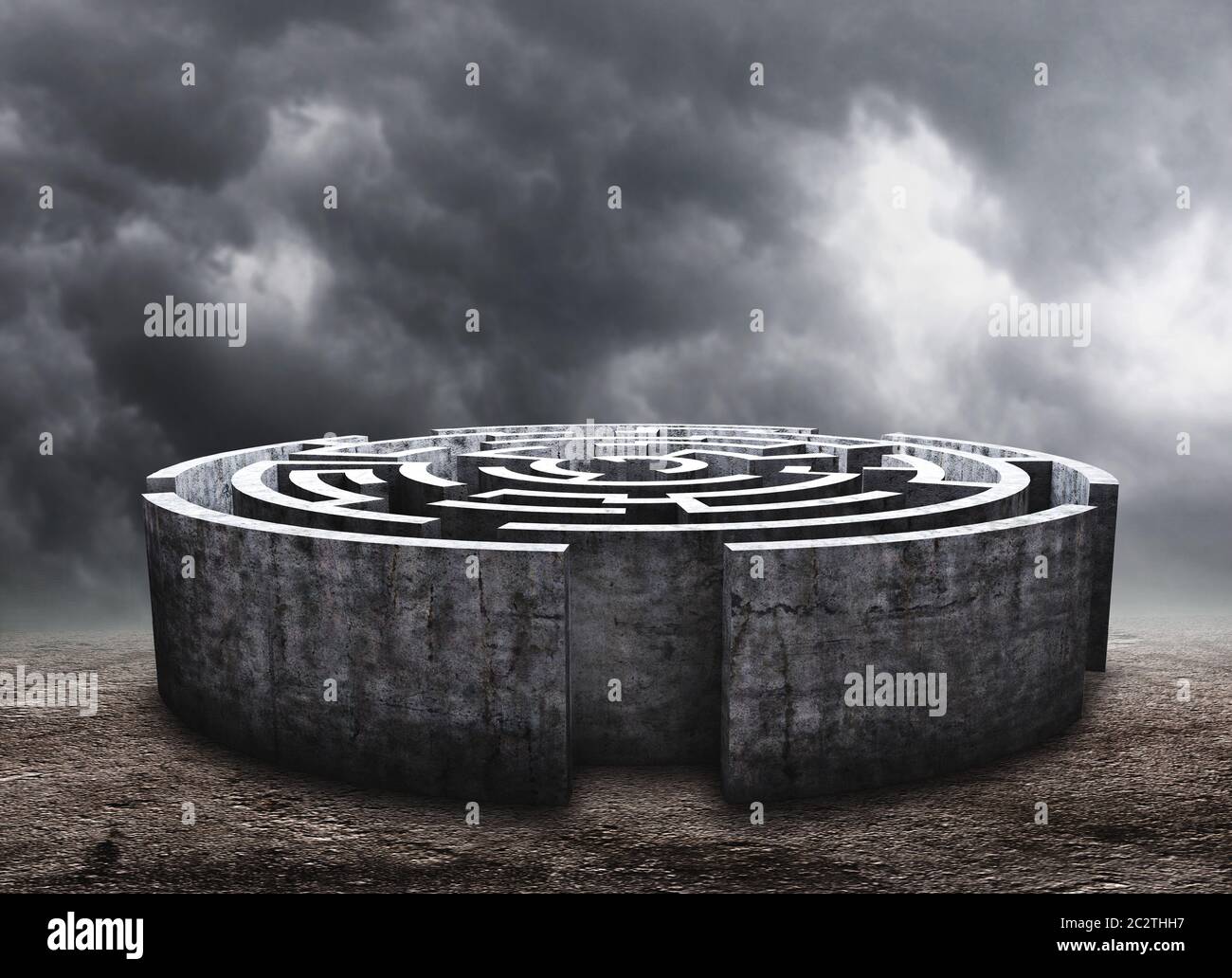 3D circular labyrinth against dark cloudy sky Stock Photo - Alamy