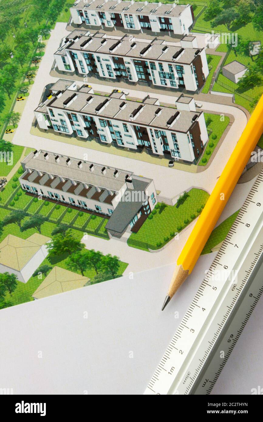 Pencil and ruler on architectural design of townhouses Stock Photo - Alamy