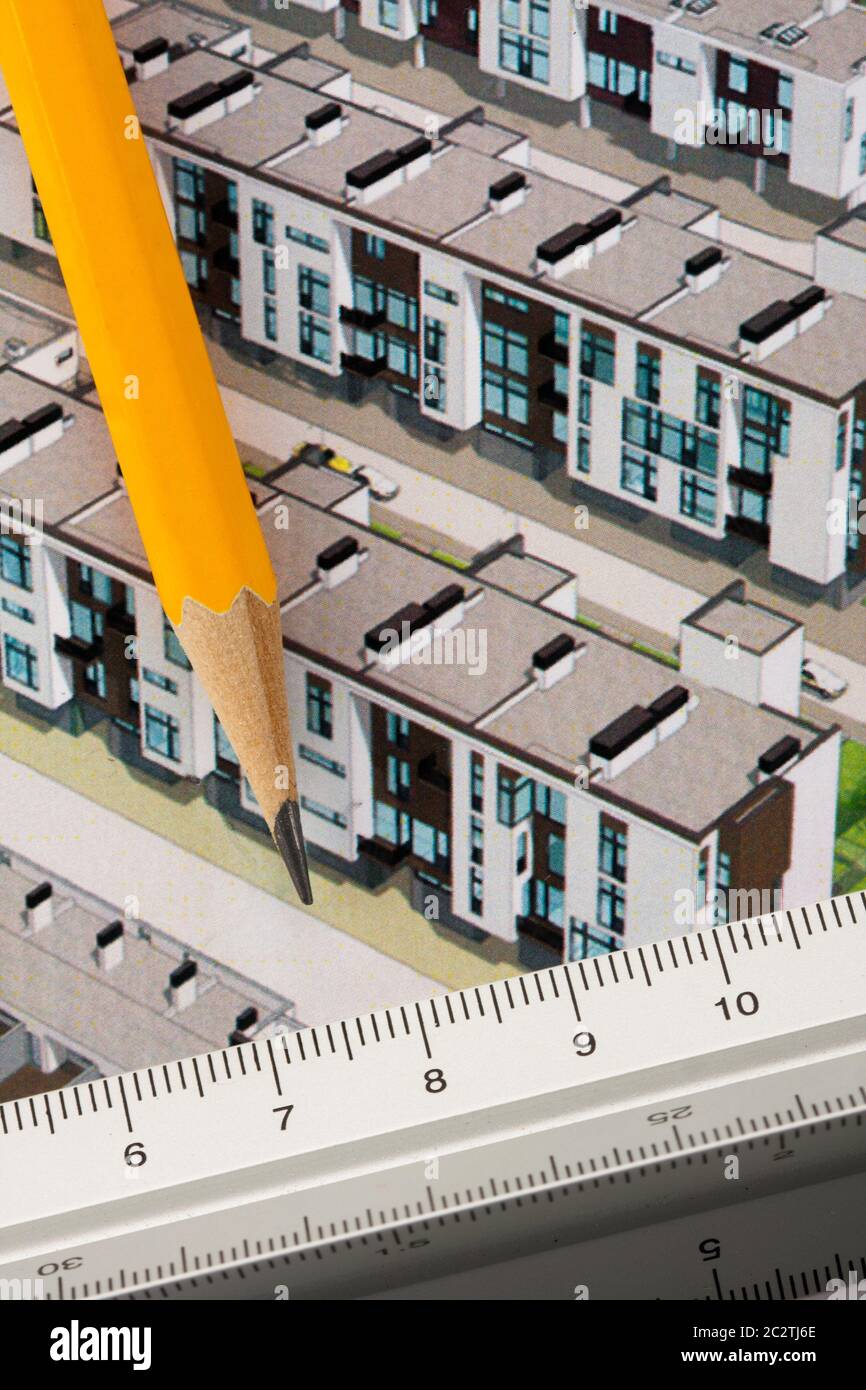 Pencil and ruler on architectural design of townhouses Stock Photo - Alamy
