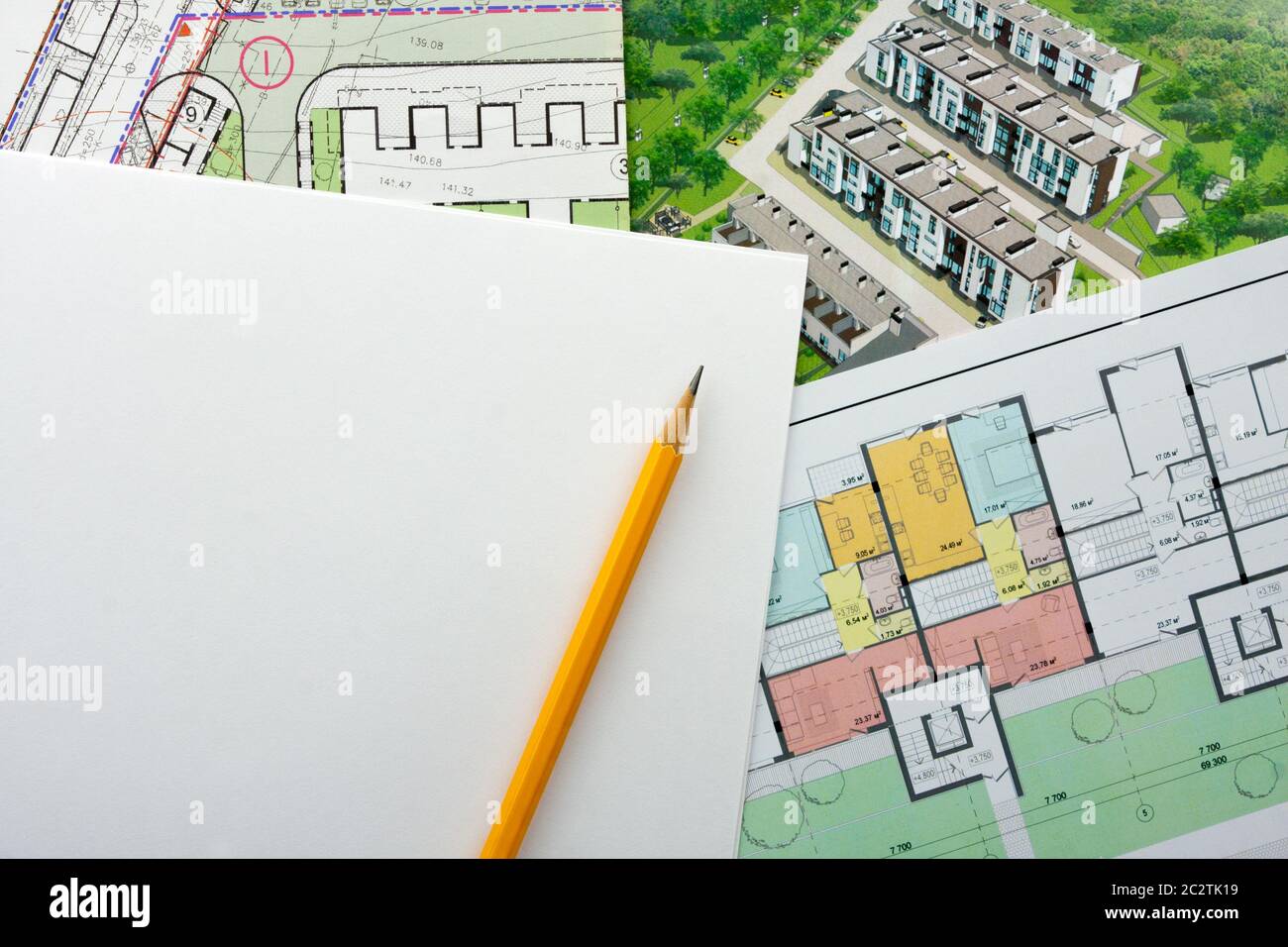 Architectural project - general plan, perspective view and floor plan ...