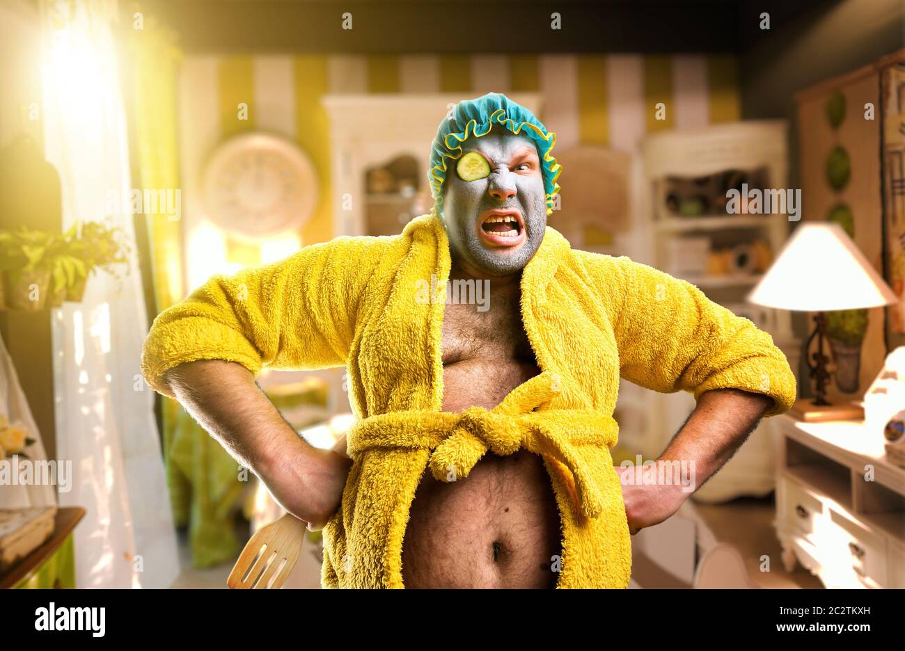 Angry freak man with face pack in cosy interior Stock Photo - Alamy