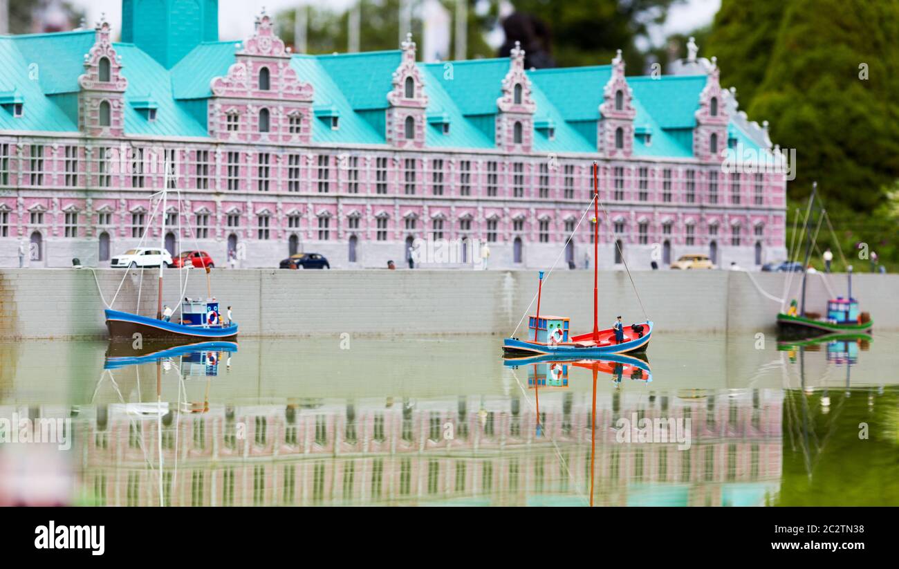 Fishing boats at the pier, miniature scene outdoor, europe. Mini ...