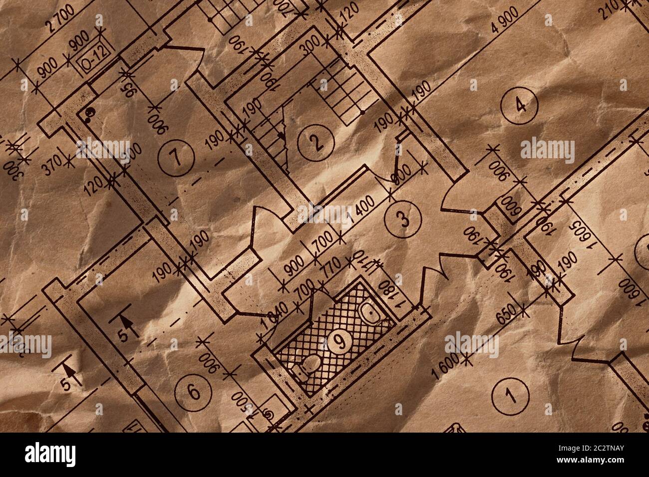 Vintage crumpled architectural drawing - plan of the house Stock Photo ...