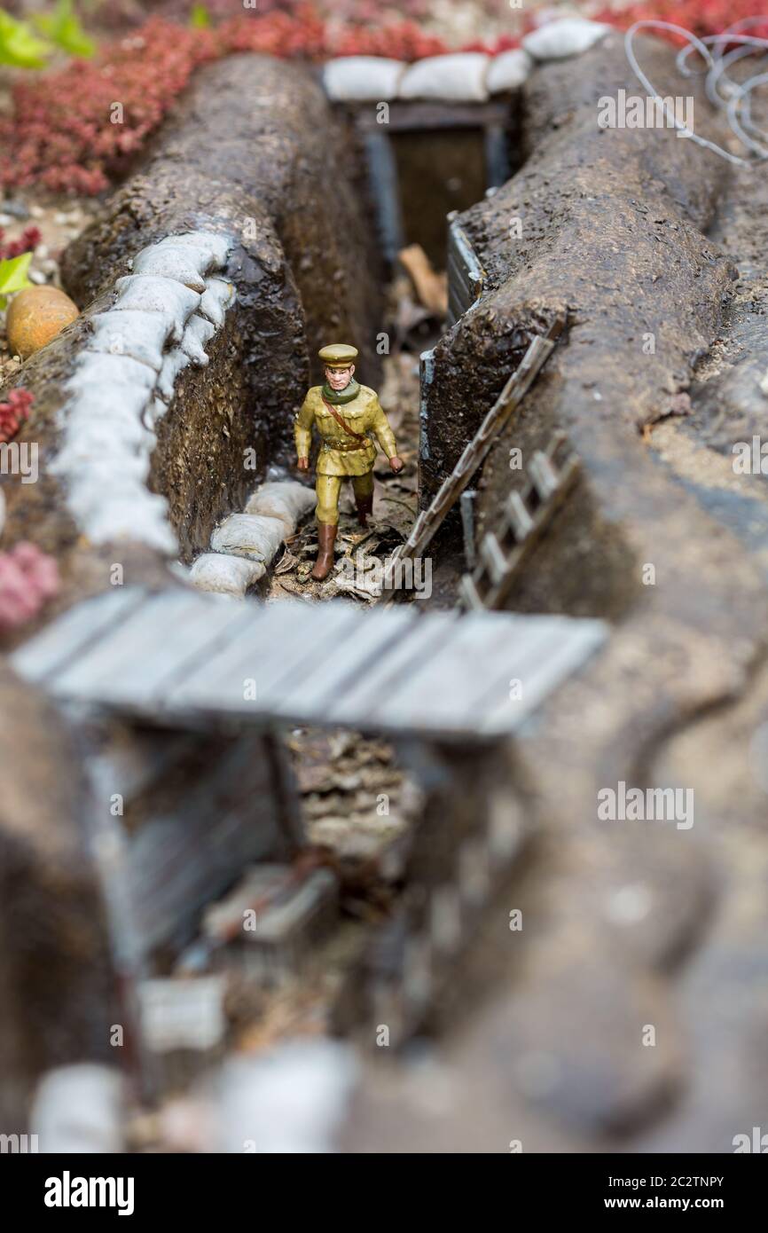 Soldier in trench, miniature scene outdoor, europe. Mini figures with ...