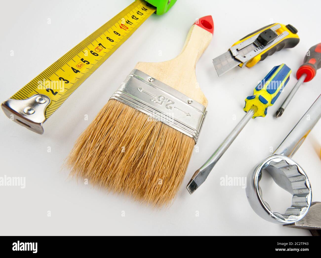 Heap of tools. Brush, spanner, screwdriver, knife and other Stock Photo ...