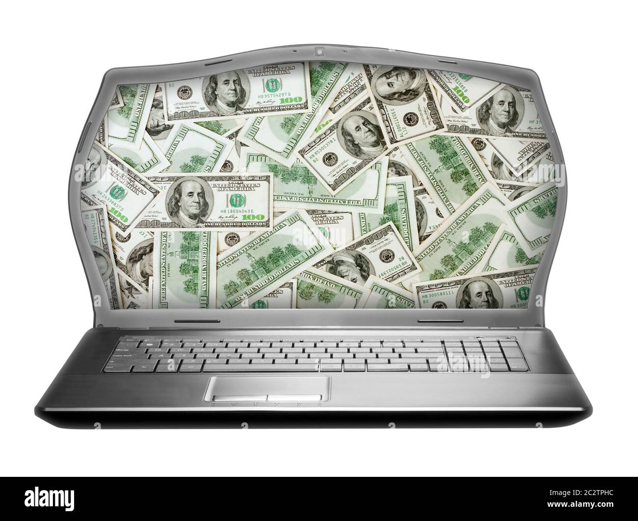 Fat laptop bulging with money. Isolated on white Stock Photo - Alamy